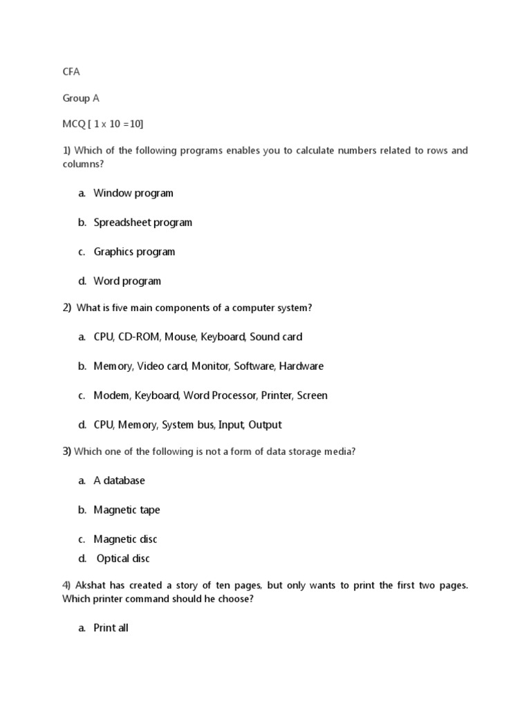 MCQ of CFA (Multiple Choice Question) TU, BCA | PDF