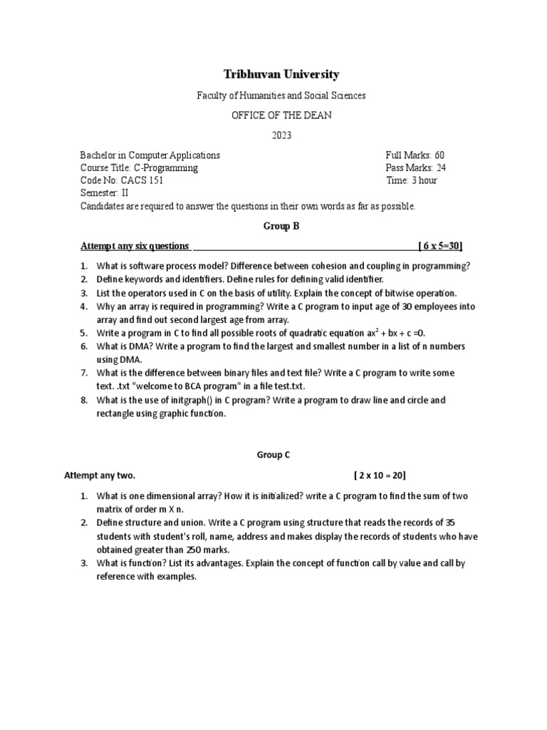 C Programming Paper, BCA, 2nd Semester, TU | PDF C Programming Paper, BCA, 2nd Semester, TU | PDF