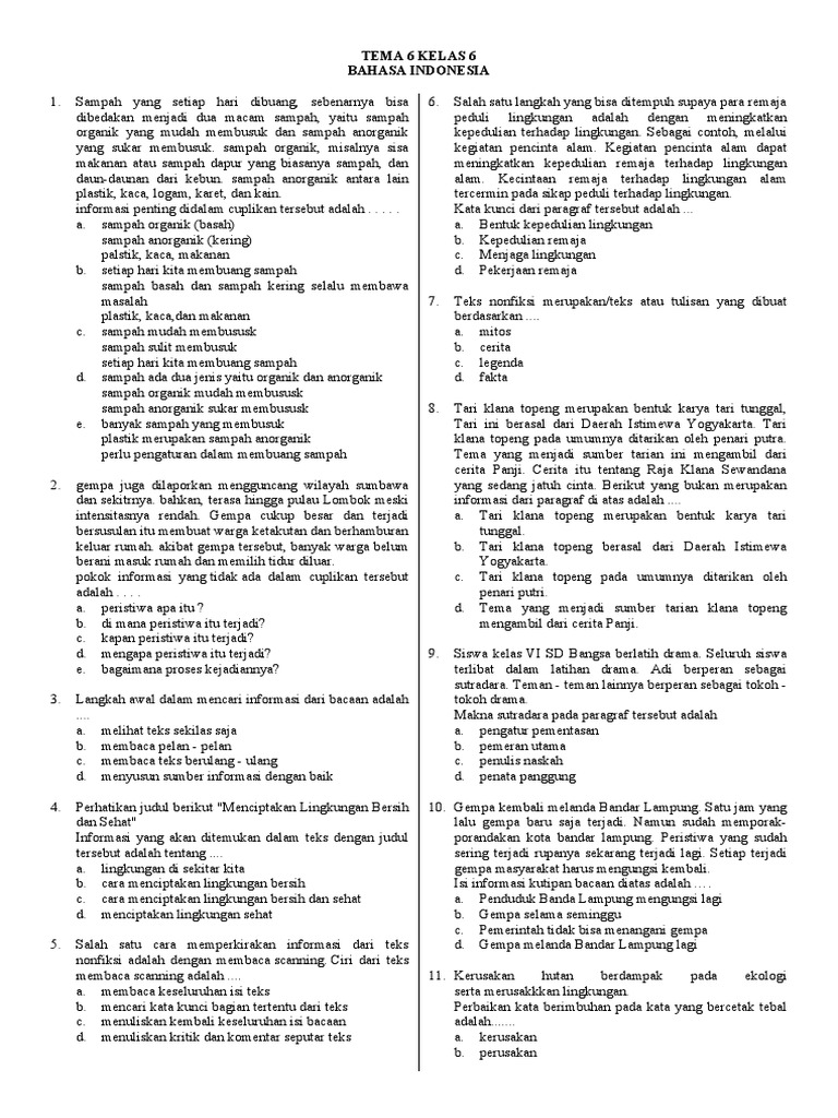 Tema 6 Kelas 6 Bahasa Indonesia | PDF | Seni & Disiplin Bahasa
