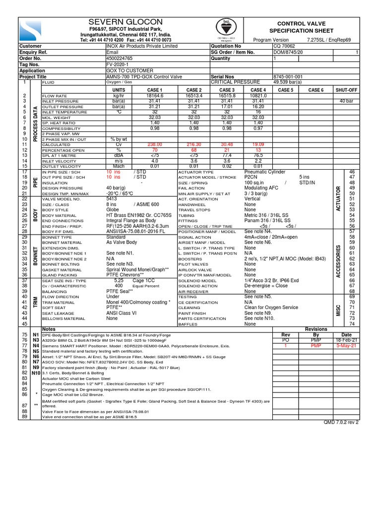 Specification Sheet for a Severn Glocon Control Valve for Oxygen Service | PDF | Pipe (Fluid ...