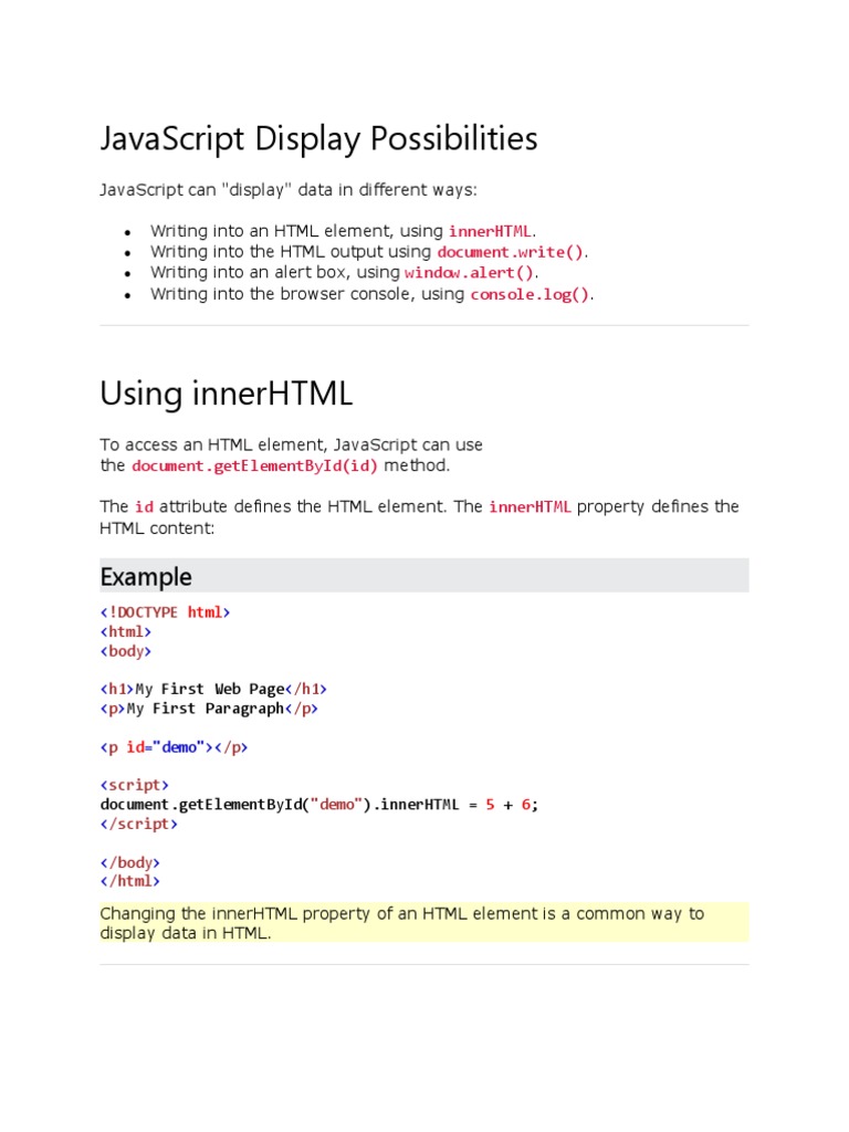 JavaScript Display Possibilities | PDF | Java Script | Html JavaScript Display Possibilities | PDF | Java Script | Html
