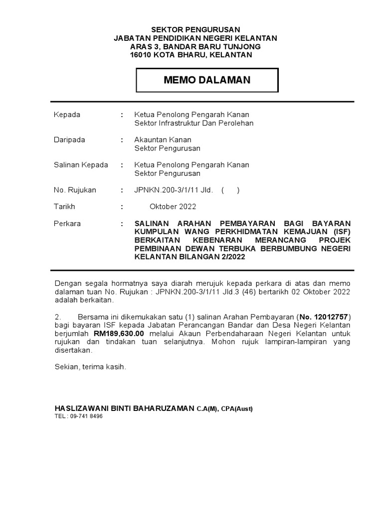 Memo Dalaman: Sektor Pengurusan Jabatan Pendidikan Negeri Kelantan Aras ...