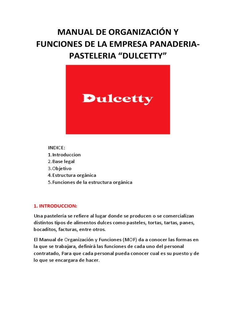 Manual de Organización Y Funciones de La Empresa Panaderia-Pasteleria ...