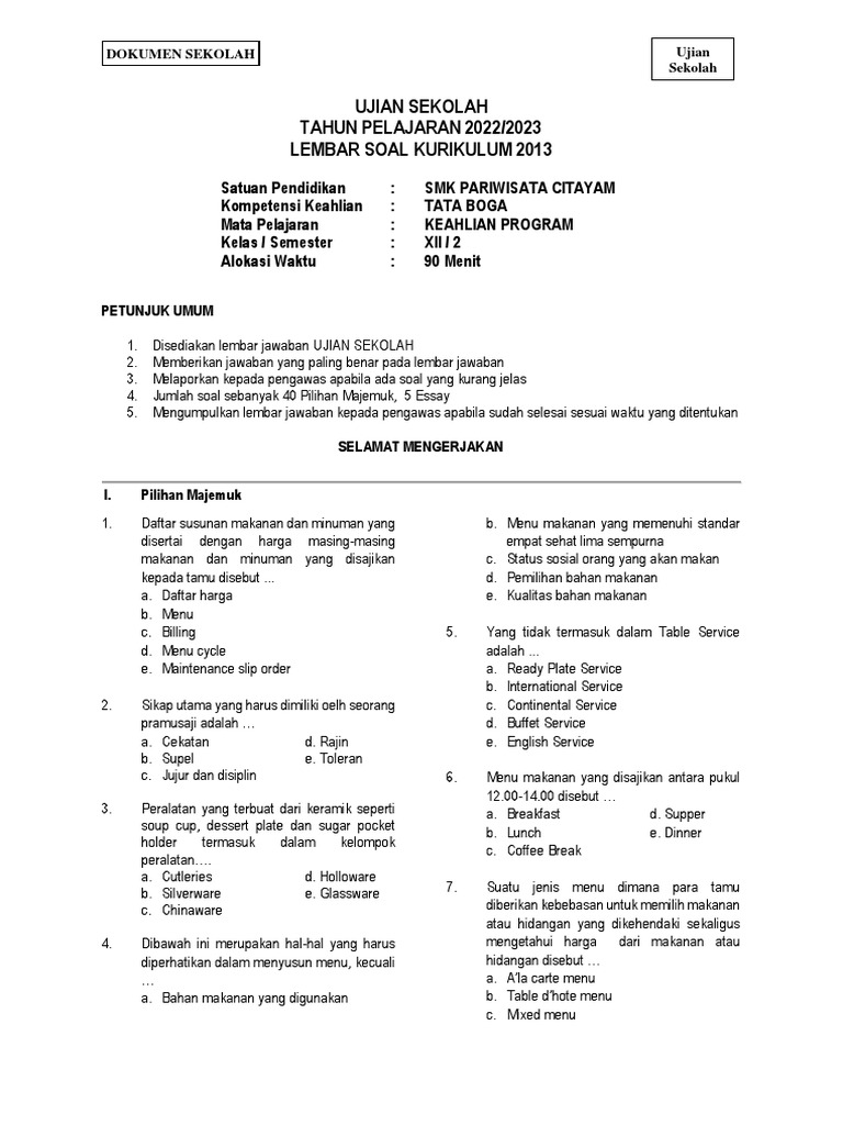 Soal - Us - KP - Xii Tata Boga 2023 | PDF