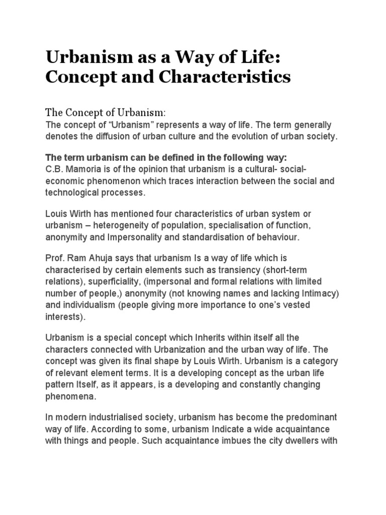 Urbanism As A Way of Life: Concept and Characteristics | PDF ...