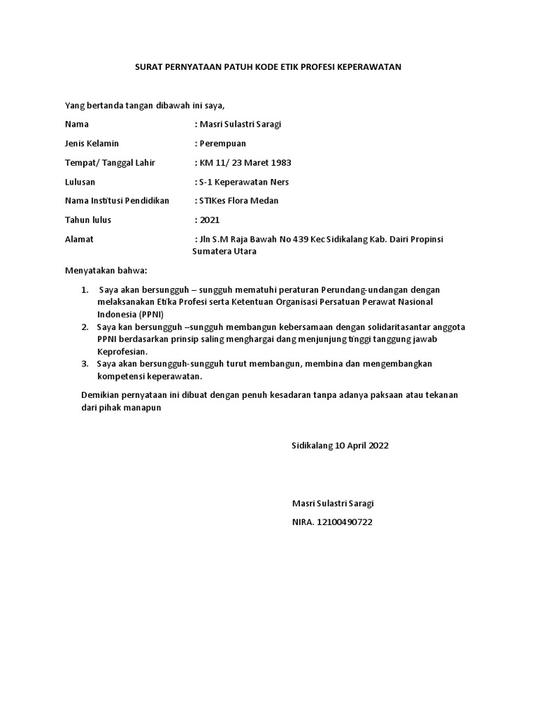 Surat Pernyataan Patuh Kode Etik Profesi Keperawatan | PDF Surat Pernyataan Patuh Kode Etik Profesi Keperawatan | PDF