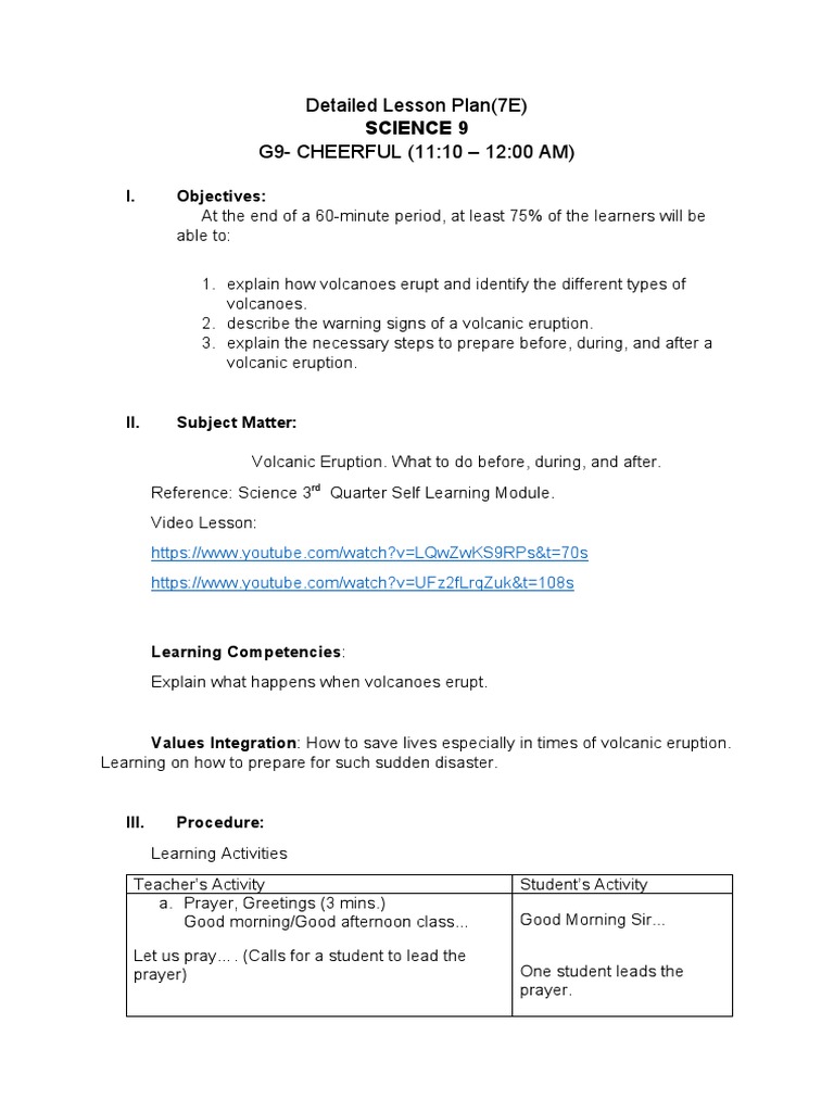 G9 Cheerful Lesson Plan | PDF | Volcano | Types Of Volcanic Eruptions