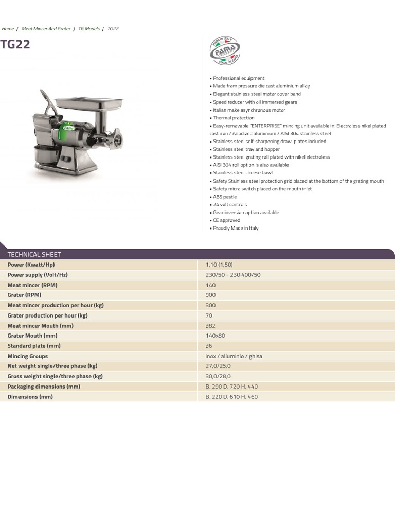 Technical Sheet: Home Meat Mincer and Grater TG Models | PDF ...