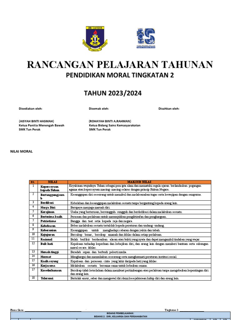 RPT Pendidikan Moral Tingkatan 2 2023&2024 | PDF