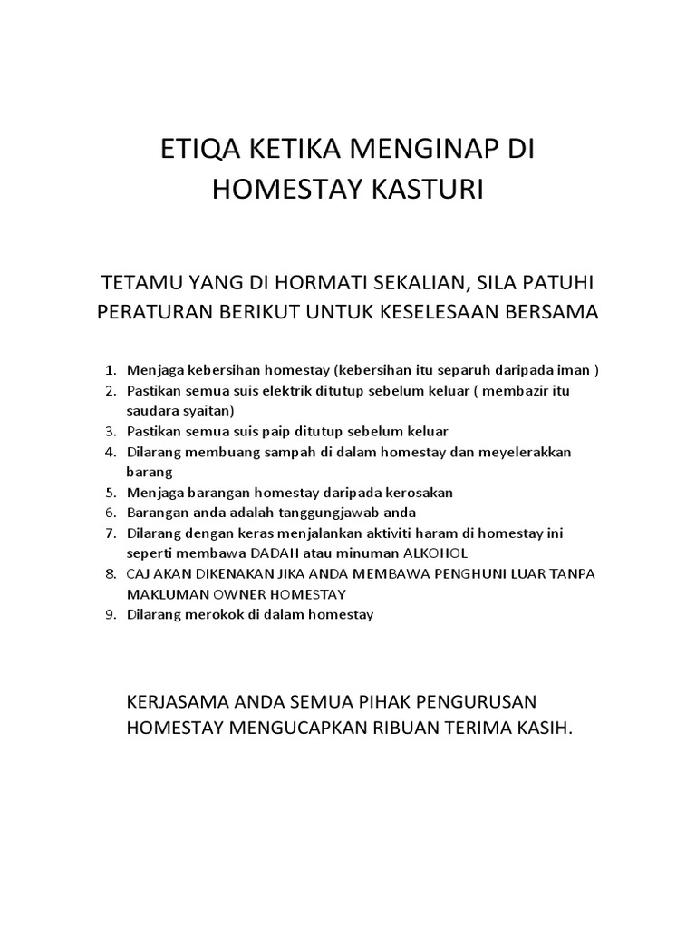 Etiqa Ketika Menginap Di Homestay Kasturi | PDF