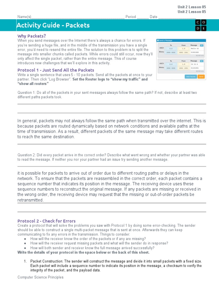 Activity Guide - Packets - Unit 2 Lesson 05 ( | PDF | Transmission Control Protocol | Computer ...