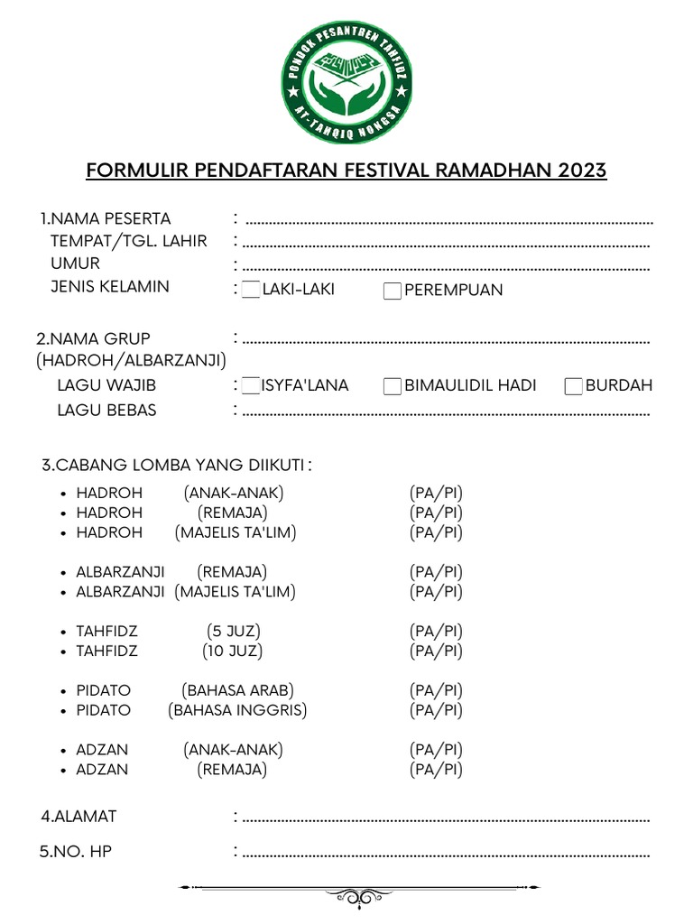 Formulir Pendaftaran Festival Ramadhan 2023 | PDF Formulir Pendaftaran Festival Ramadhan 2023 | PDF