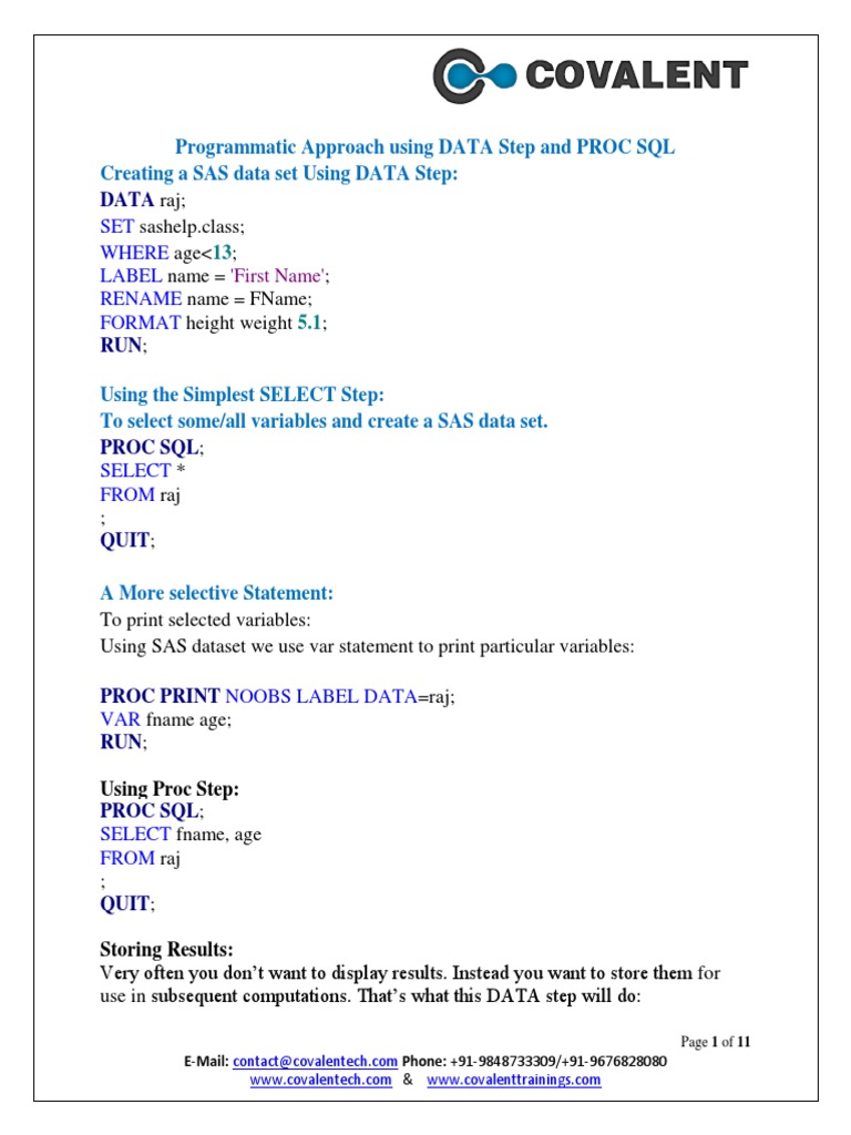 Programmatic Approach Using Data Step And Proc Sql Creating A Sas Data Set Using Data Step Pdf