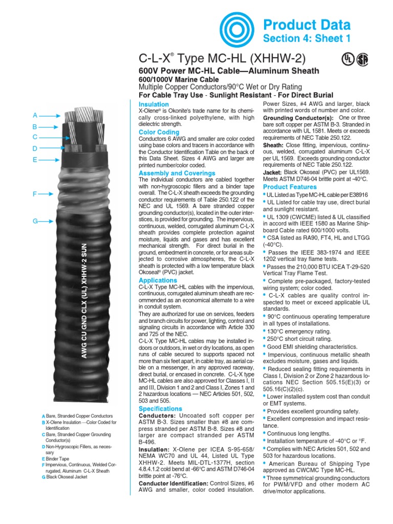 C-L-X Type MC-HL (XHHW-2), 600V Power & Control Cable | PDF | Manufactured Goods | Electricity