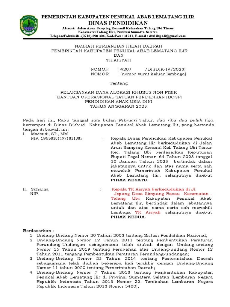 Hibah BOSP PAUD 2023 di Penukal Abab | PDF