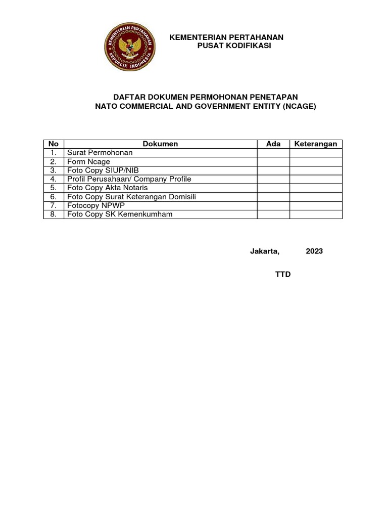 Daftar Dokumen Permohonan Ncage 2023 | PDF
