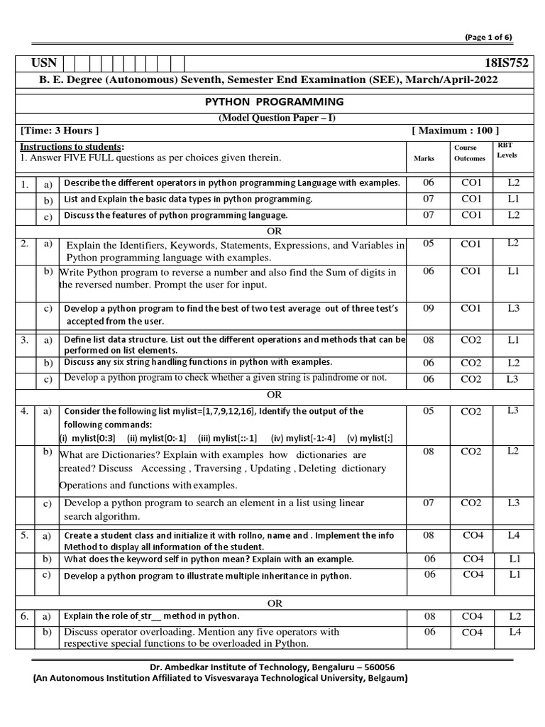 18IS752-Python Programming Model Question Papers SEE March-April-2022 | PDF | Python ...
