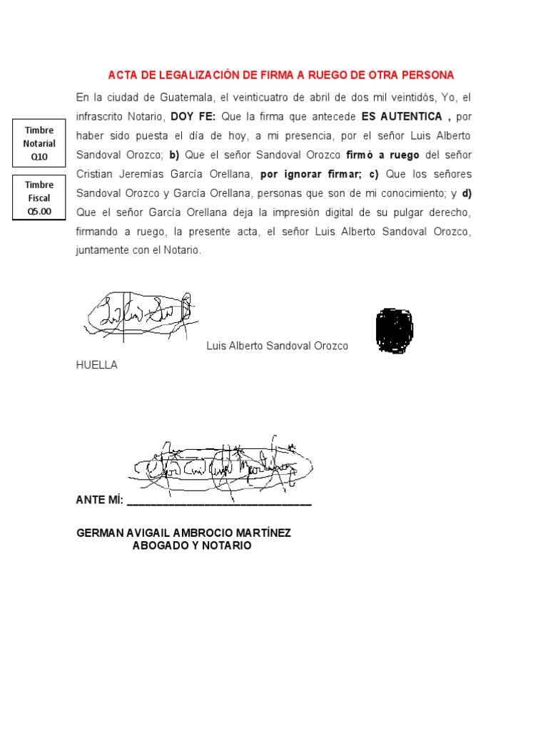 Acta de Legalización de Firma A Ruego de Otra Persona | PDF