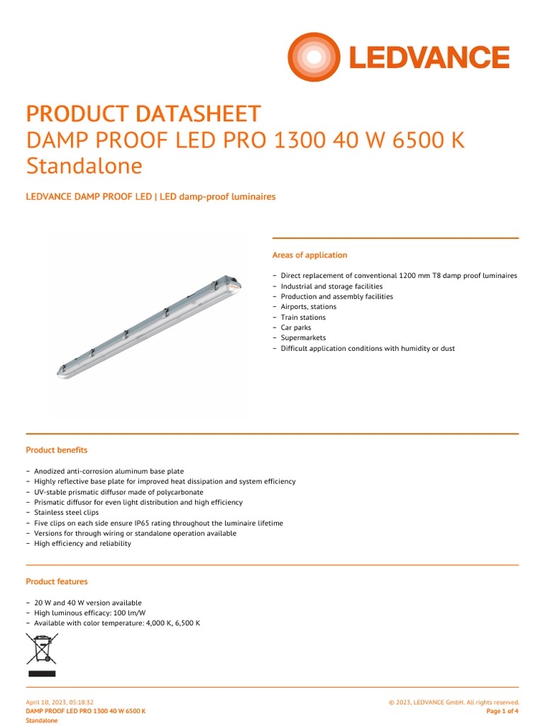 Product Datasheet Product Datasheet Damp Proof Led Pro 1300 40 W 6500 K Standalone | PDF ...