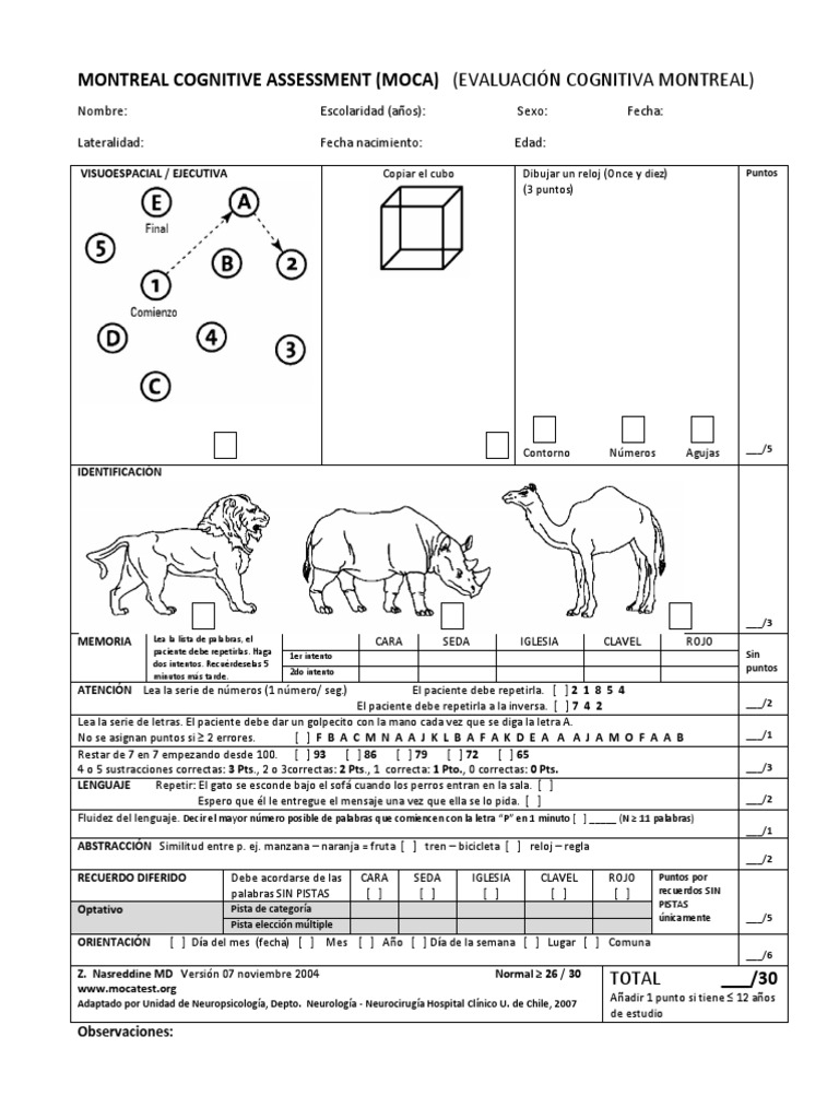Montreal Cognitive Assessment (Moca) (Evaluación Cognitiva Montreal ...