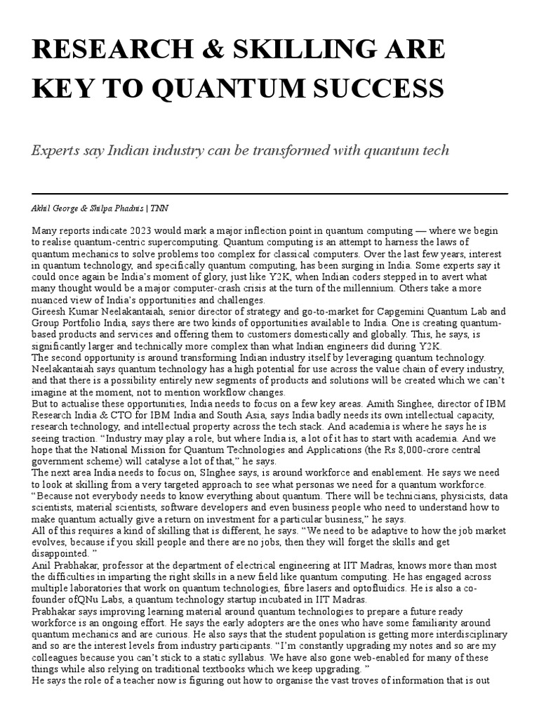 RESEARCH and SKILLING ARE Key To Quantum Success-ToI-21122022 | PDF | Computing | Quantum Computing