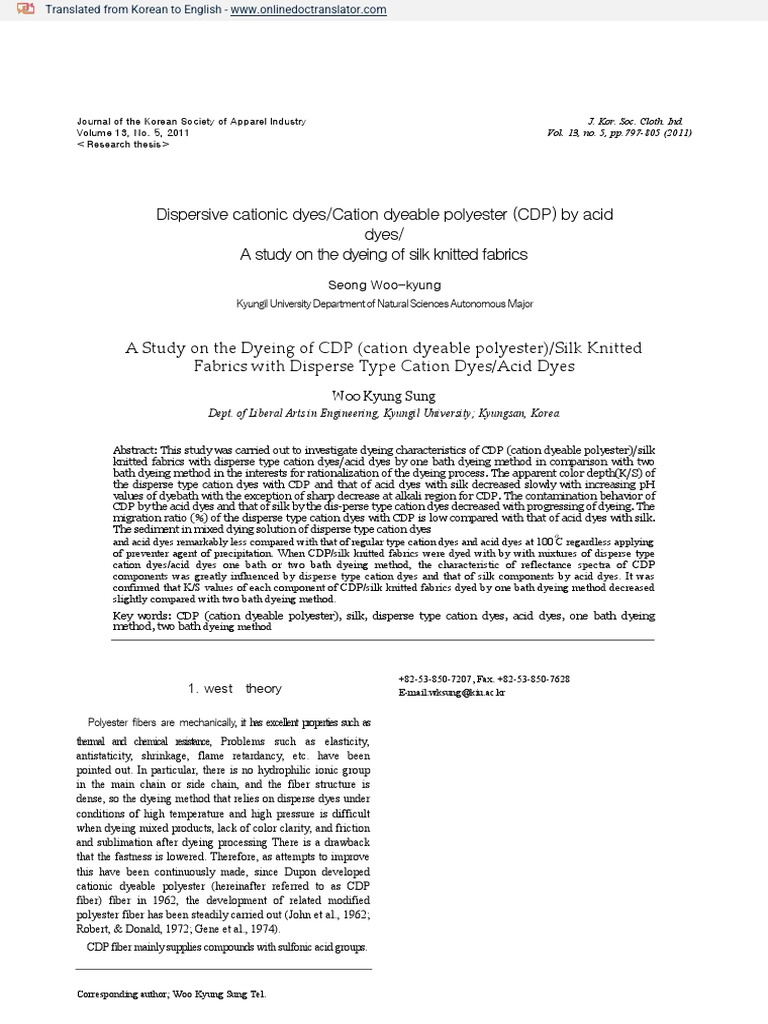 A Study On The Dyeing of CDP (Cation Dyeable Polyester) - Silk Knitted Fabrics With Disperse ...