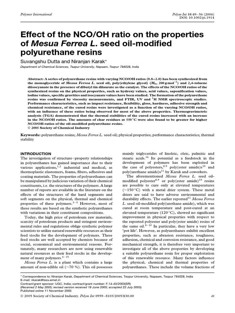 Effect of The NCO-OH Ratio On The Properties of Mesua Ferrea L Seed Oilmodified Polyurethane ...