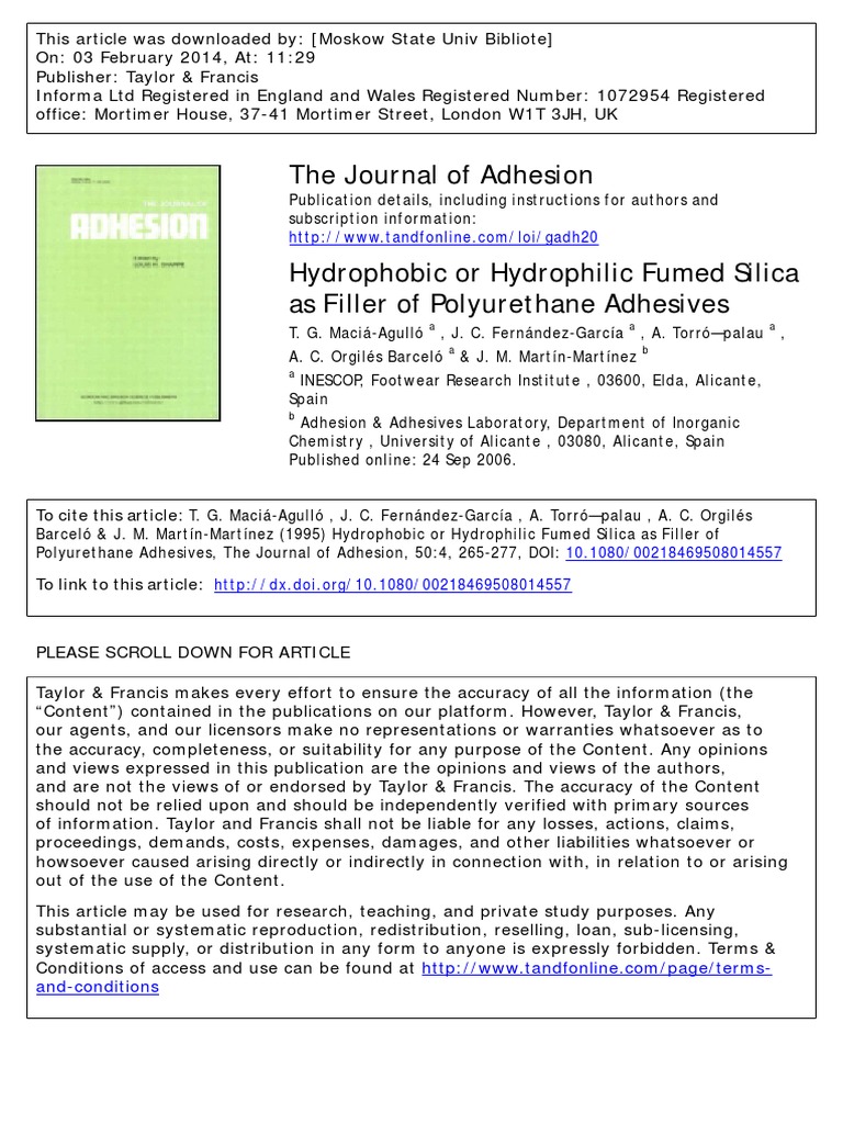Hydrophobic Or Hydrophilic Fumed Silica As Filler Of Pu Adhesive Pdf