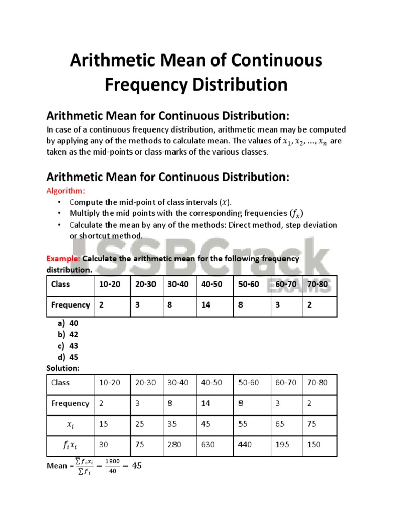 Arithmetic Mean of Continuous Frequency Distribution | PDF | Mean | Arithmetic