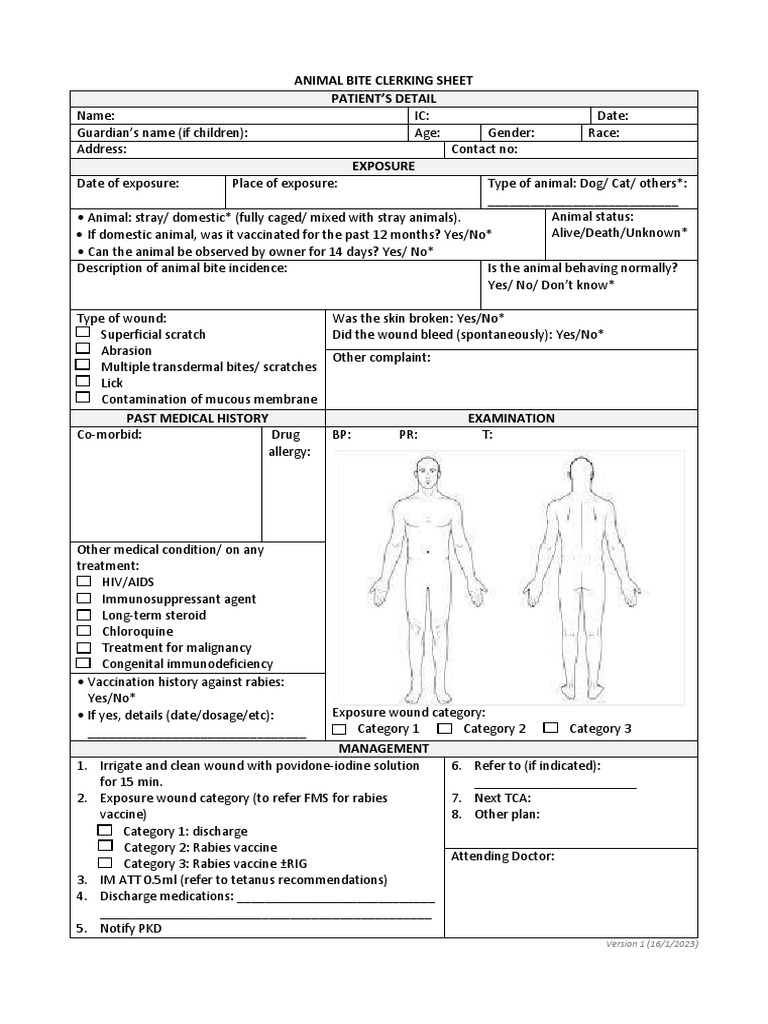 Animal Bite Clerking Sheet | Download Free PDF | Vaccines | Rabies