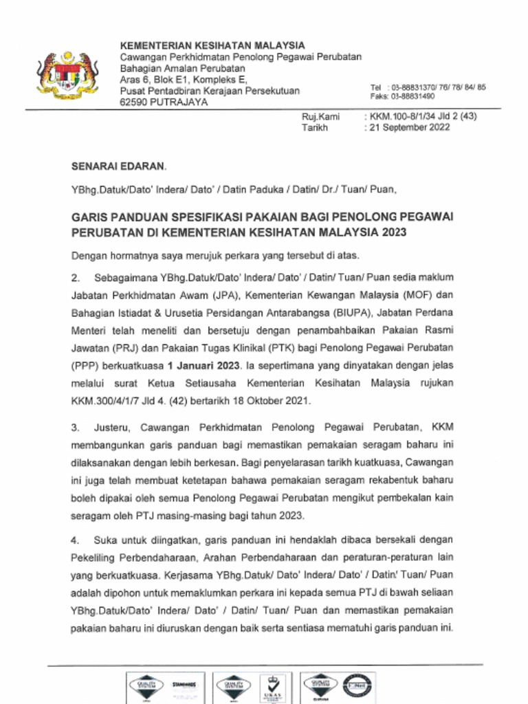 Surat Edaran Garis Panduan Spesifikasi Pakaian Bagi Penolong Pegawai ...
