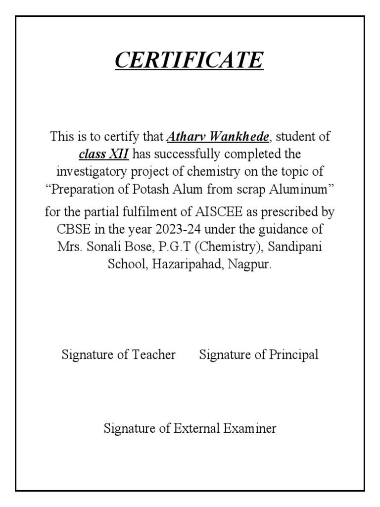 Certificate: Class XII Has Successfully Completed The | PDF | Aluminium ...
