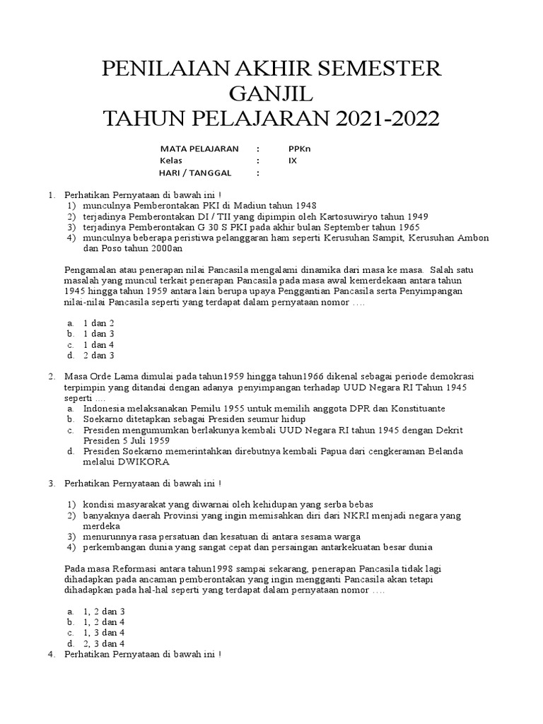 Penilaian Pancasila Kelas IX Semester Ganjil | PDF