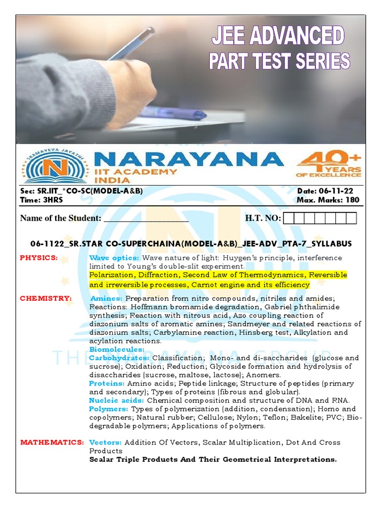 06.11.22 - SR - STAR CO-SC (MODEL-A&B) - Jee - Adv - 2018 - P1 - PTA-7 - QP | PDF | Amine ...