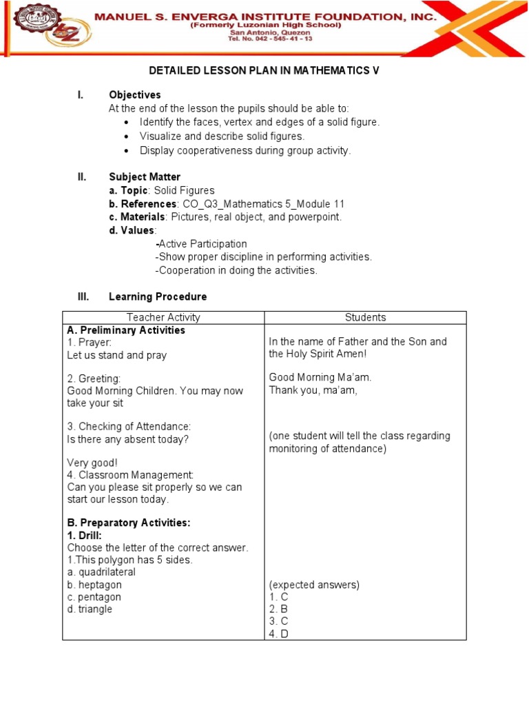 Detailed LessonPlan Math5 | PDF | Circle | Length