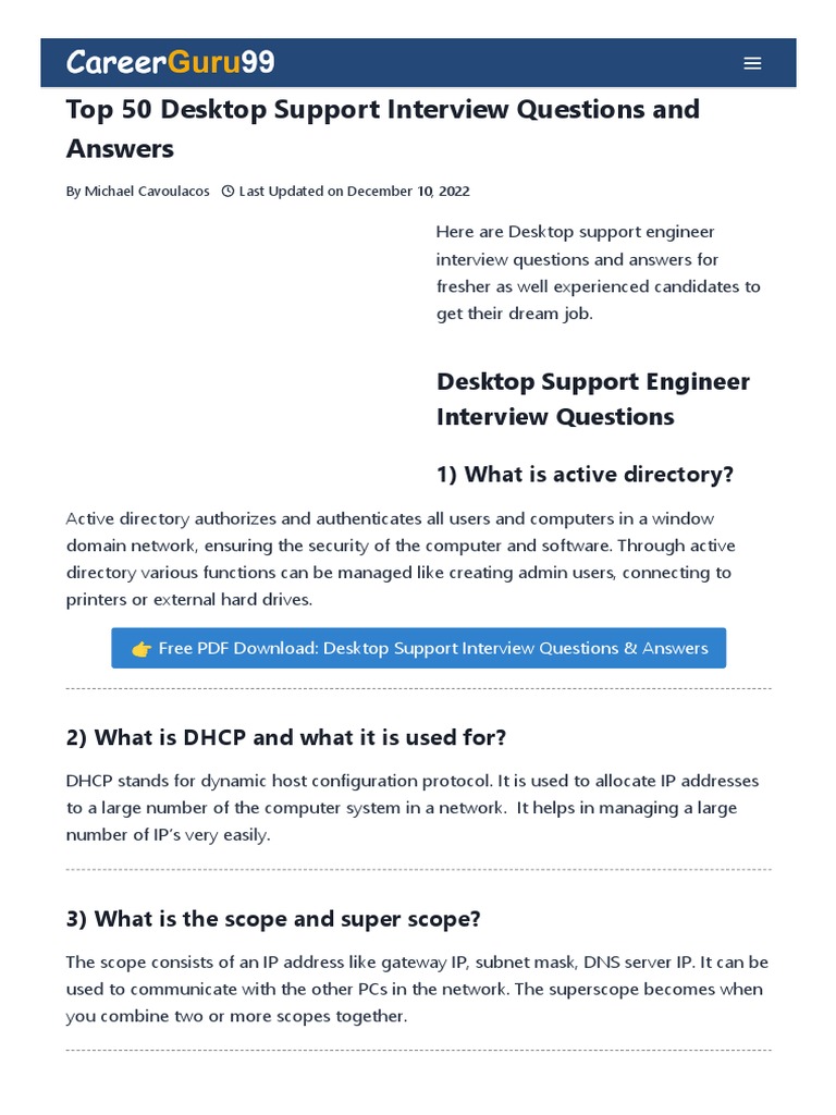 Top 50 Desktop Support Interview Questions And Answers PDF Computer