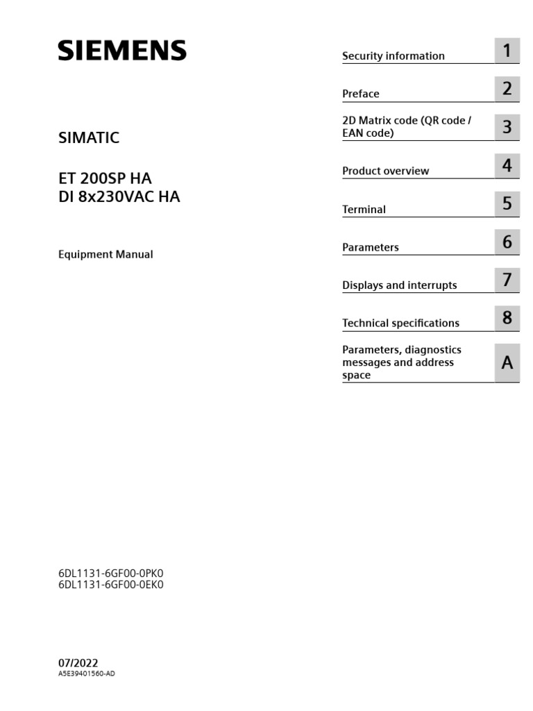 Simatic Et 200Sp Ha DI 8x230VAC HA: 6DL1131-6GF00-0PK0 6DL1131-6GF00-0EK0 | PDF | Parameter ...