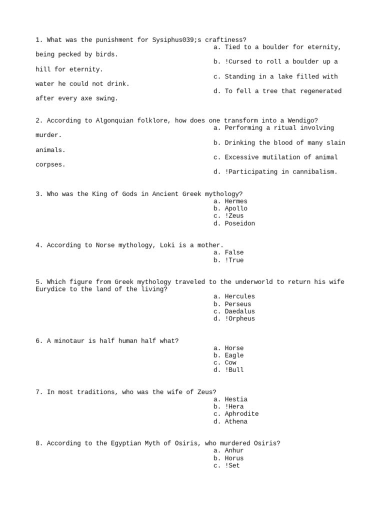 Mythology and Greek Gods Quiz | PDF | Greek Mythology | Zeus