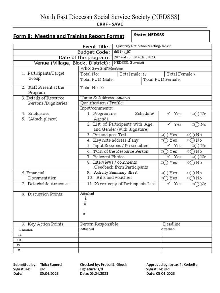 North East Diocesan Social Service Society (NEDSSS) : Form 8: Meeting ...