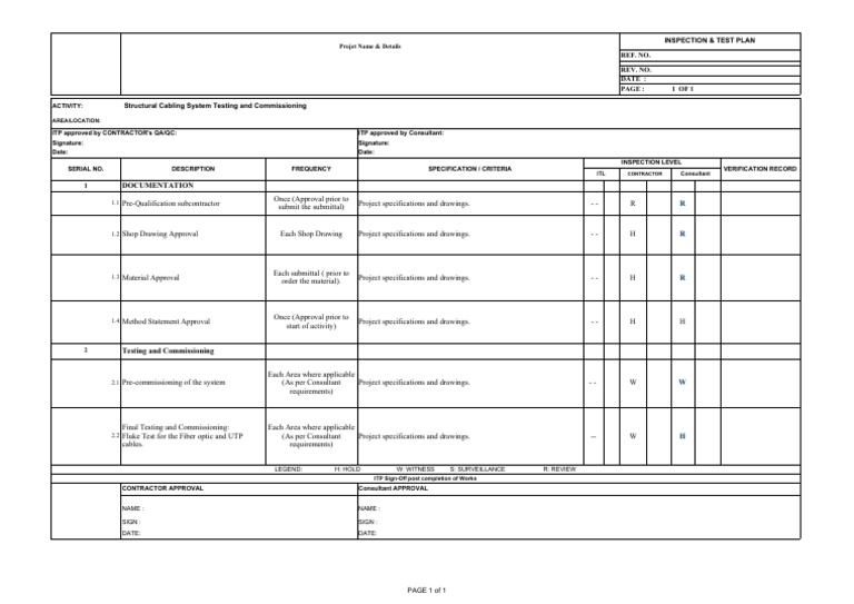 Itp For Structural Cabling System Testing And Commissioning Pdf