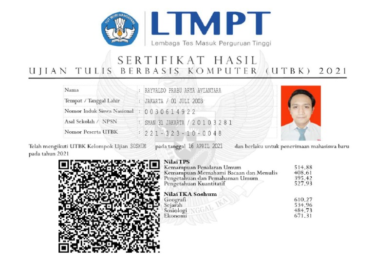 Sertifikat Utbk LTMPT 221323100048 | PDF
