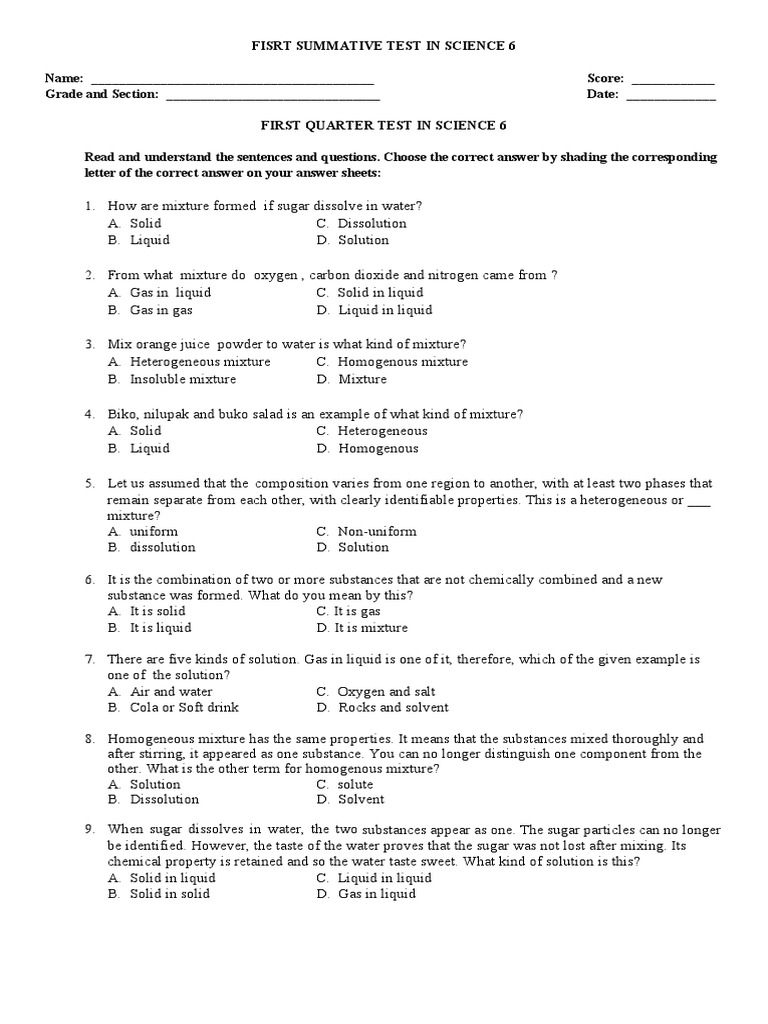 First Summative Test in Science 6 | PDF | Mixture | Solubility