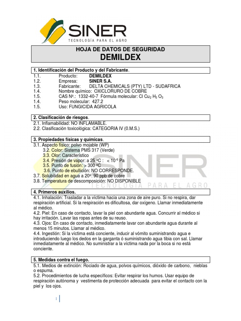 Demildex: Hoja de Datos de Seguridad | PDF | Agua | Química