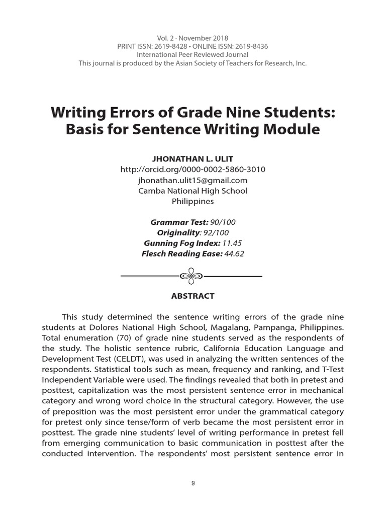 Writing Errors of Grade Nine Students: Basis For Sentence Writing ...