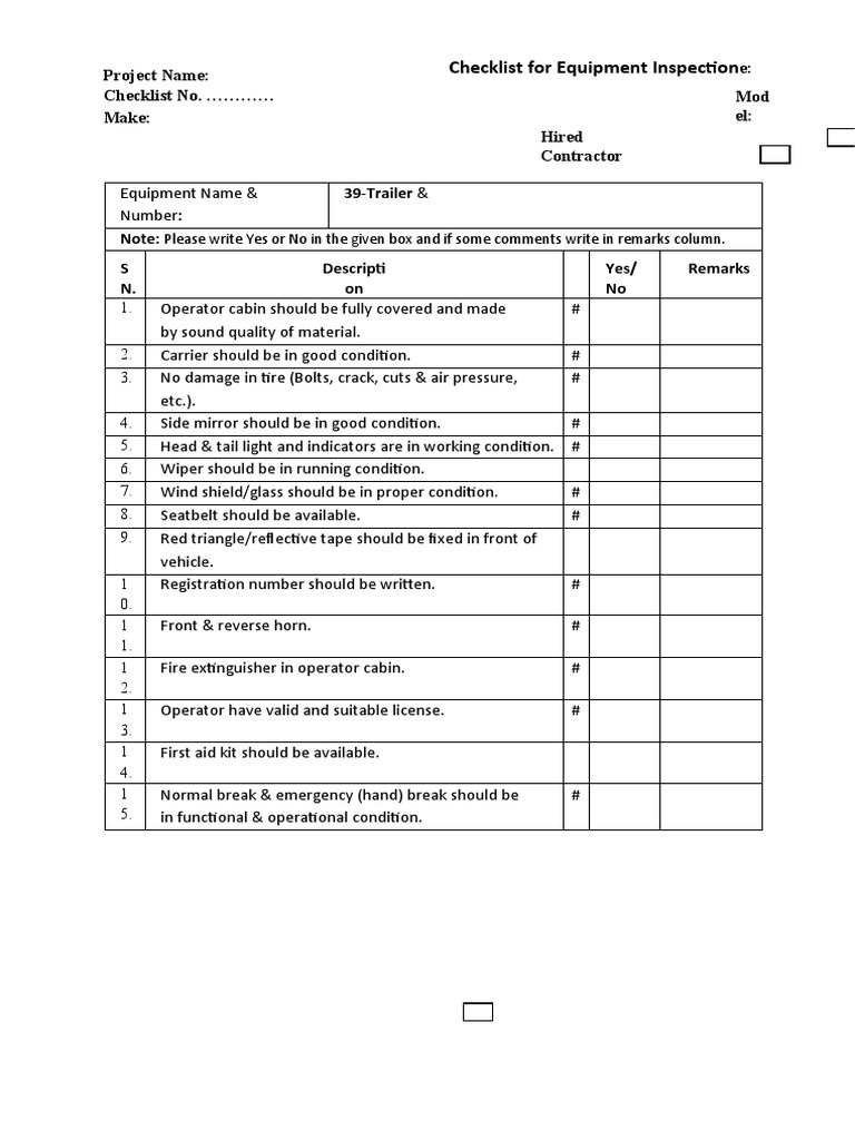 Checklist For Equipment Inspection Trailer | PDF