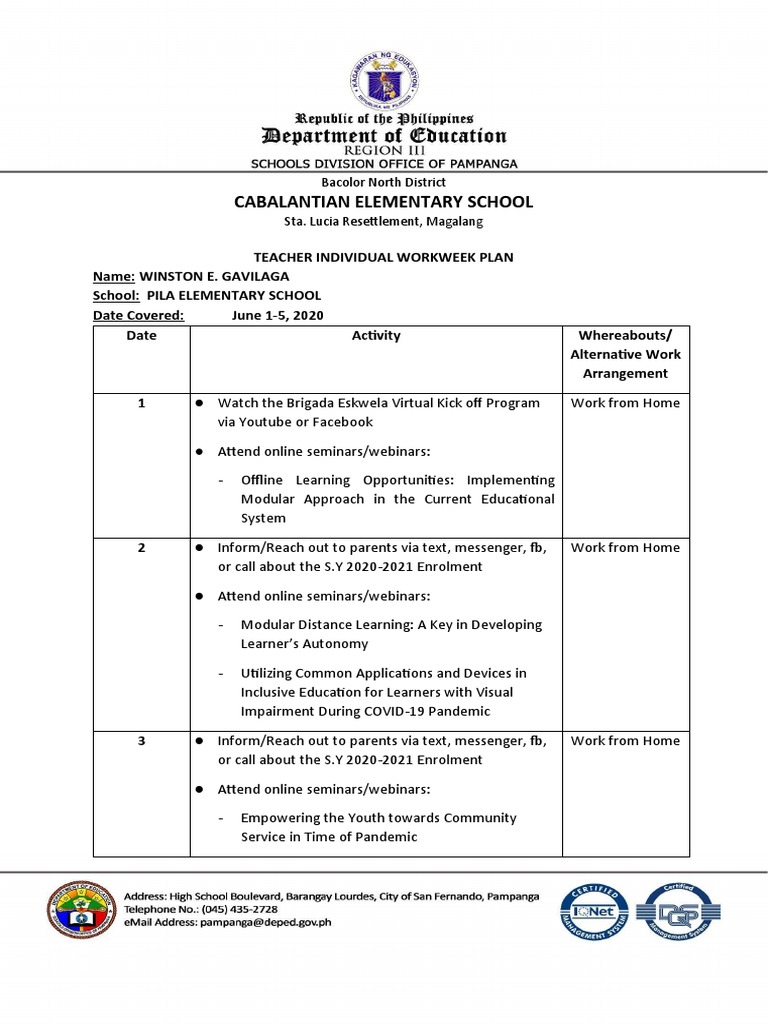 Teacher Individual Workweek Plan Accomplishment Sy 2020 2021 | PDF ...