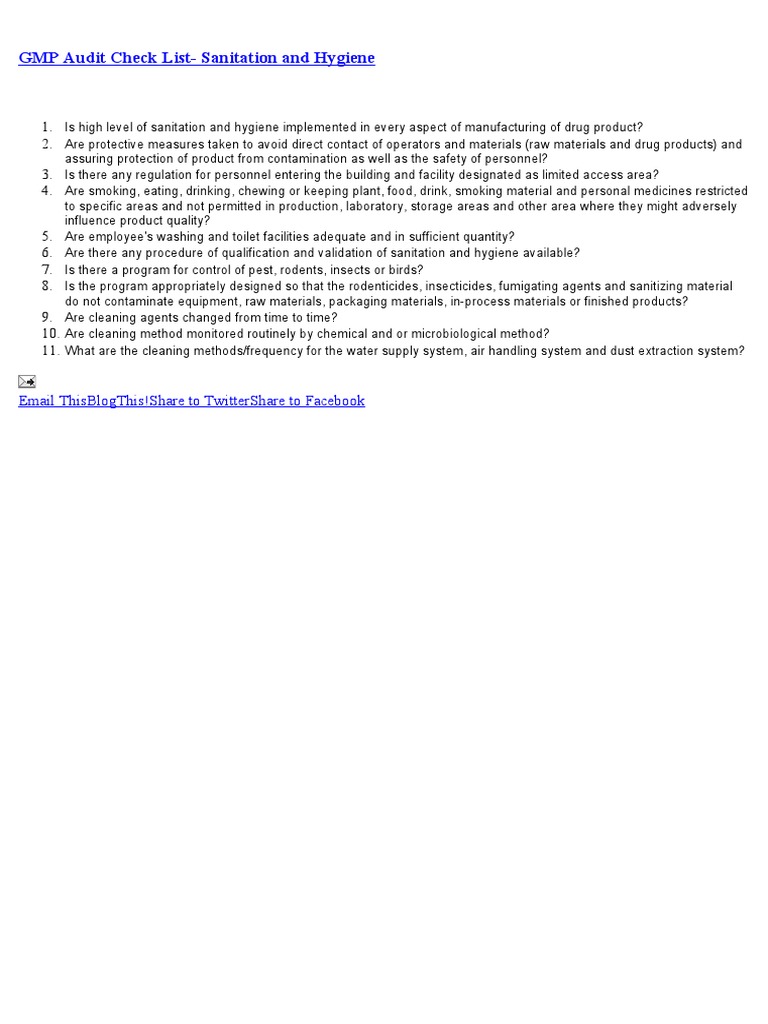 GMP Audit Check List-Sanitation & Hygiene | PDF
