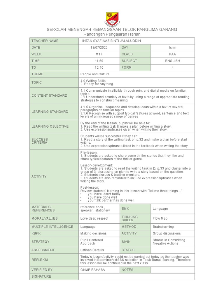 Sekolah Menengah Kebangsaan Telok Panglima Garang Rancangan Pengajaran Harian | PDF | Behavior ...
