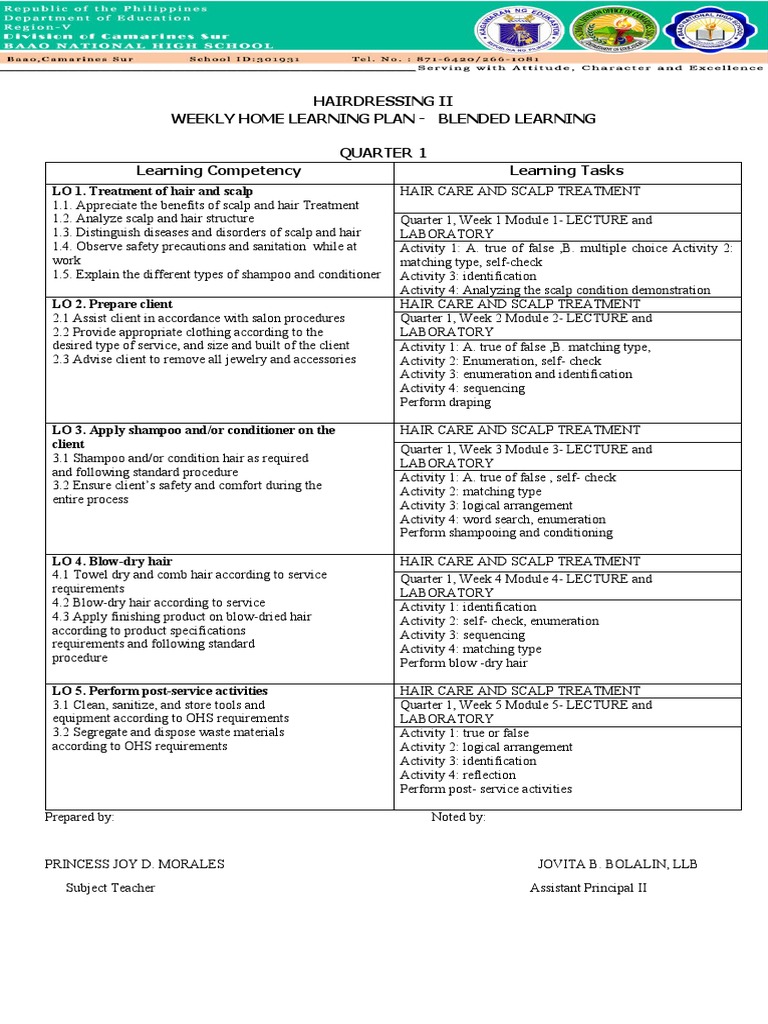 Hairdressing Ii Weekly Home Learning Plan - Blended Learning Quarter 1 ...