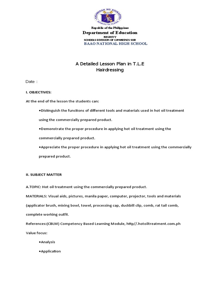 A Detailed Lesson Plan in T.L.E Hairdressing: Department of Education ...